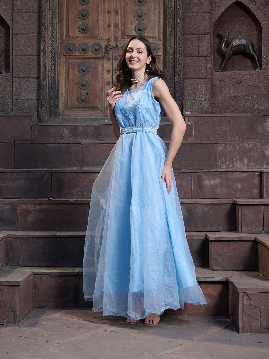 Stylum Women's Sky Blue Solid & Embroidered Party Wear Satin Gown (GWS ...